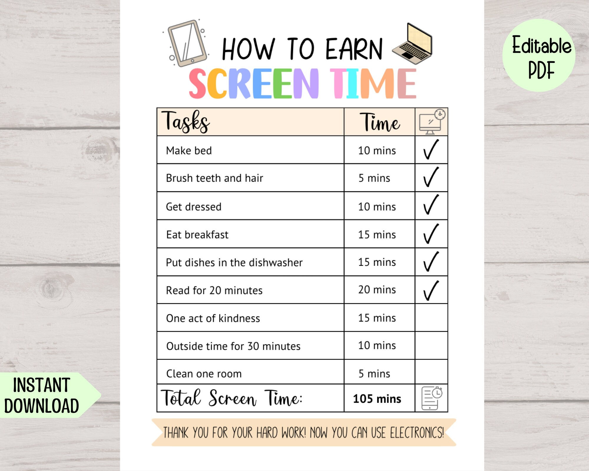 Screen Time Chart Checklist Editable Printable Screen Time - Etsy UK
