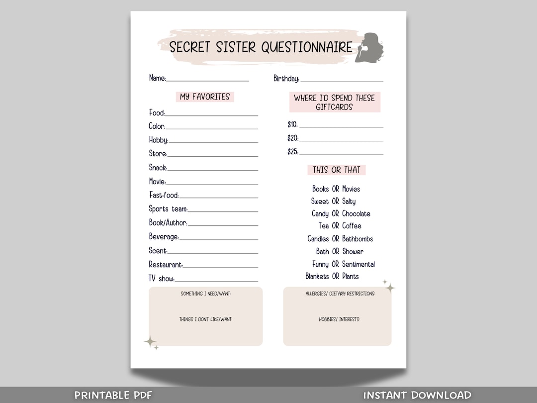 Secret Sister Questionnaire Printable, All About Me Survey, Gift ...