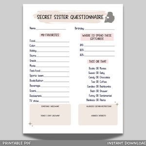 Secret Sister Questionnaire Printable, All About Me Survey, Gift ...