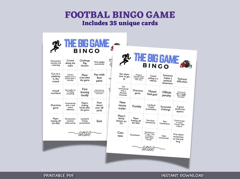 The Big Game Football Bingo Printable, 2026 Super Sunday Family Watch ...