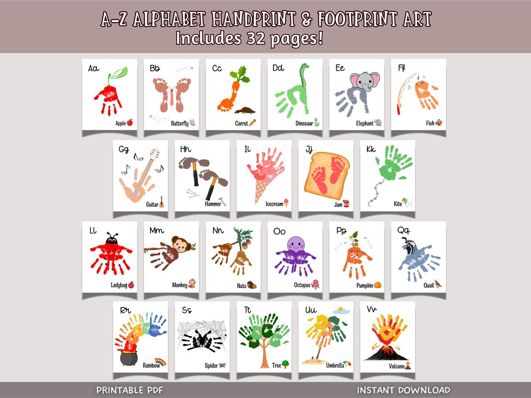 A-Z Alphabet Handprint Footprint Crafts Printable, ABC Memory Phonic ...