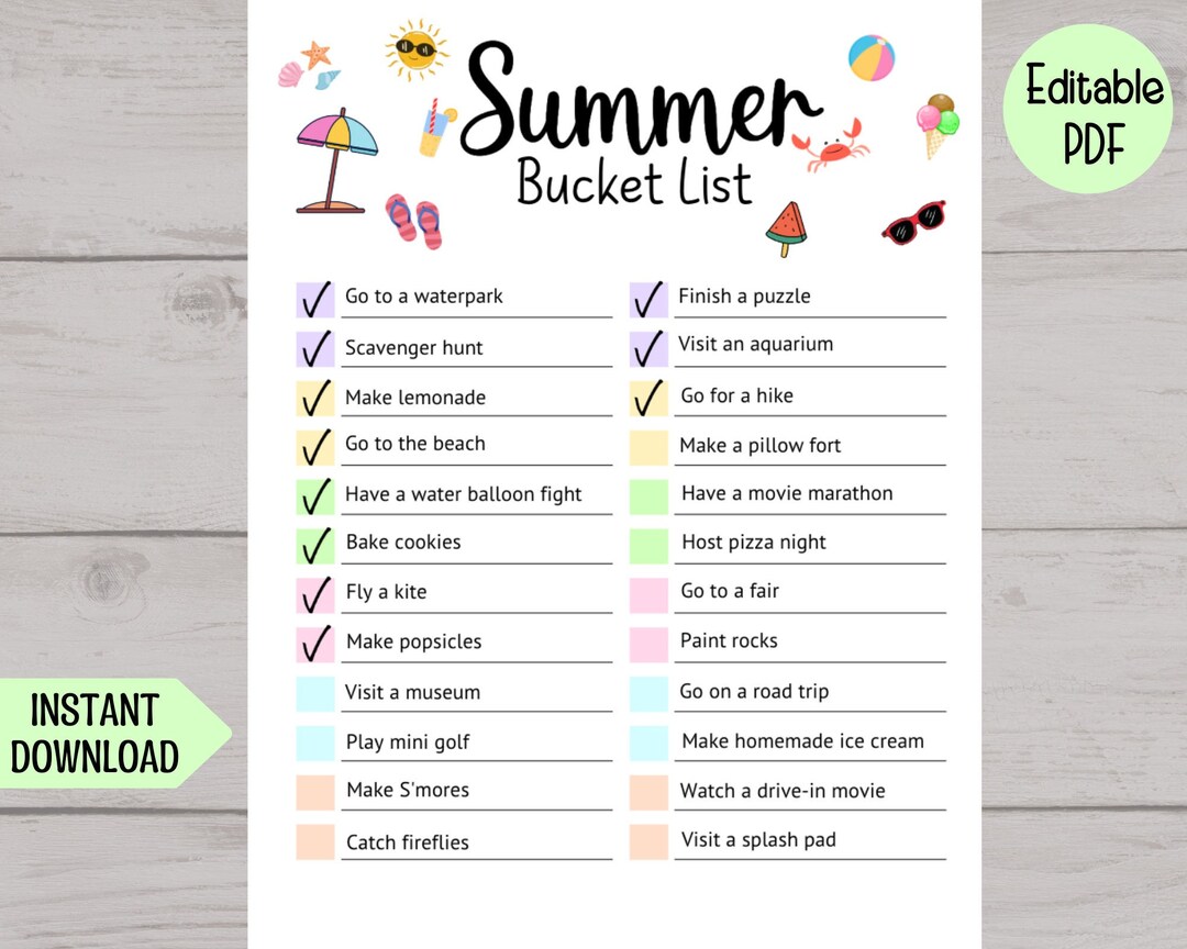 Summer Bucket List Printable Editable Summer Break Template - Etsy