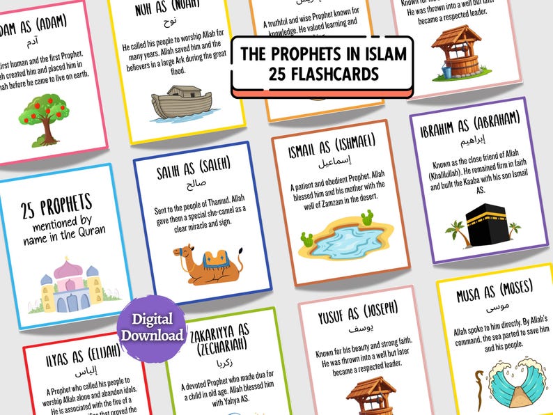 25 Prophets in Islam Flashcards for Kids Printable PDF, Islamic ...