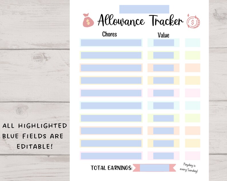 Editable Allowance Chart for Kids Allowance Tracker - Etsy