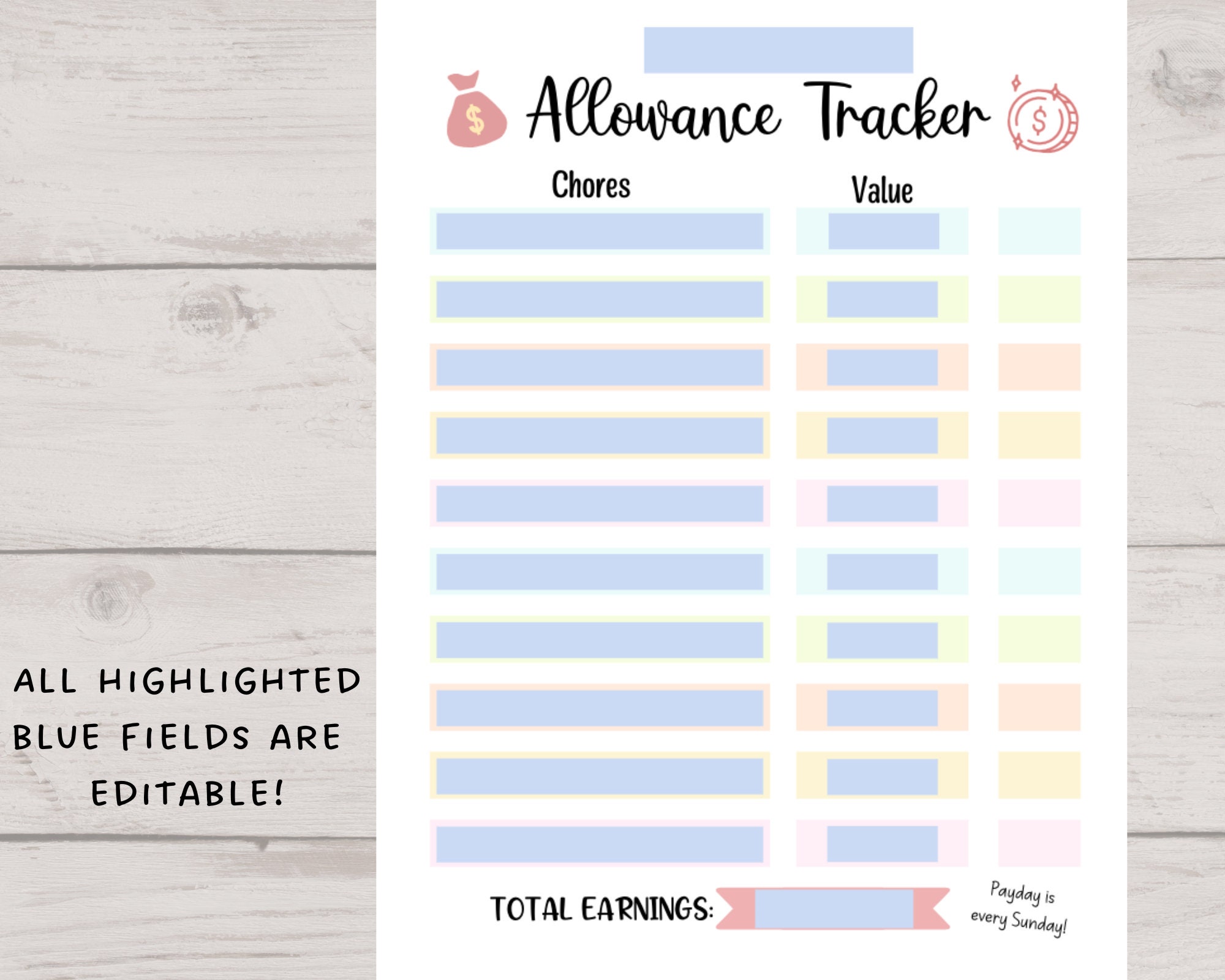Editable Allowance Chart for Kids Allowance Tracker - Etsy Australia