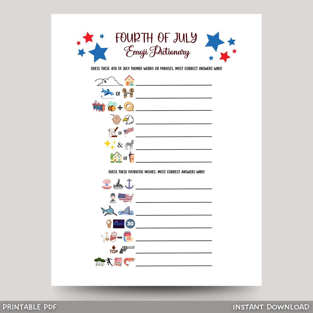July 4th Emoji Pictionary Game Printable, Independence Day Party ...