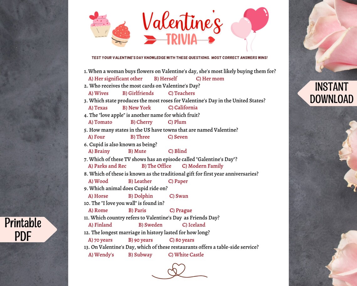 Valentine's Day Trivia Game Printable Galentines Day - Etsy