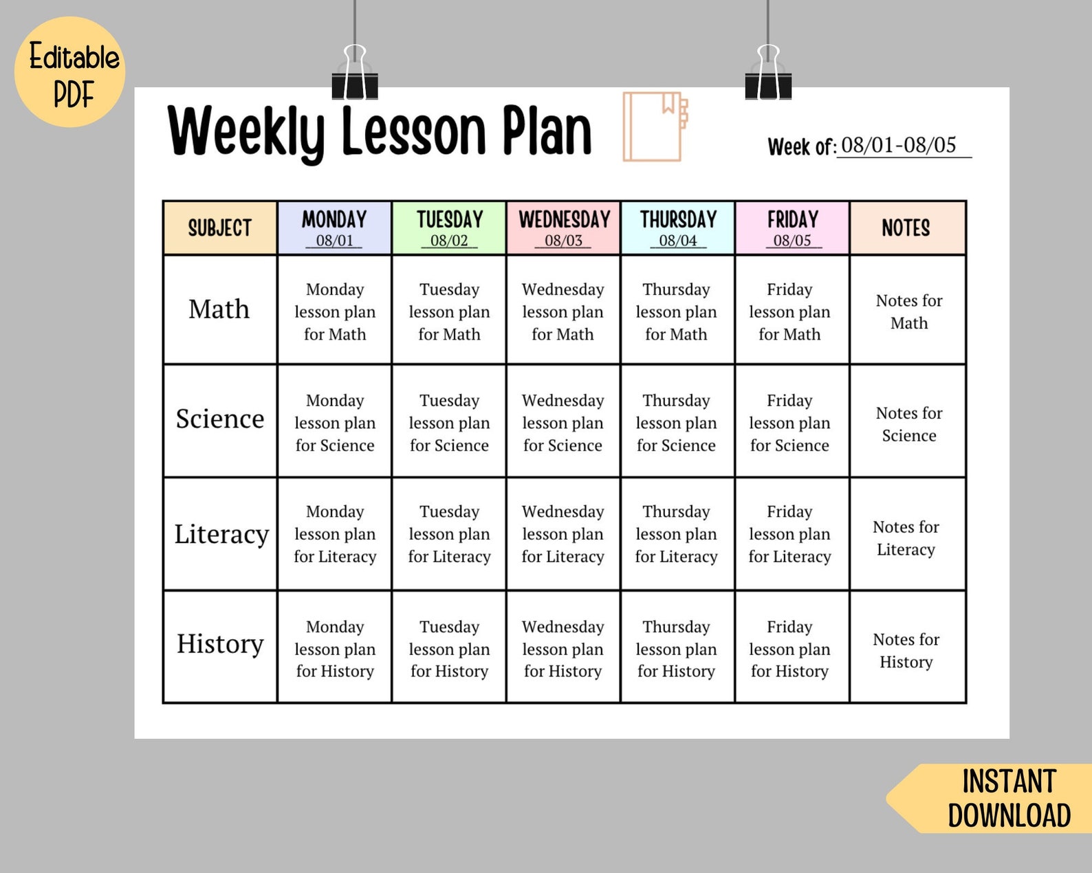 Weekly Lesson Plan Printable Editable Weekly School Schedule - Etsy