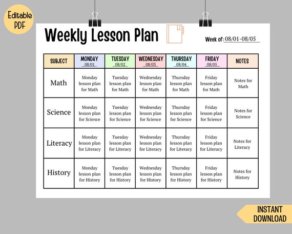 Weekly Lesson Plan Printable Editable Weekly School Schedule - Etsy