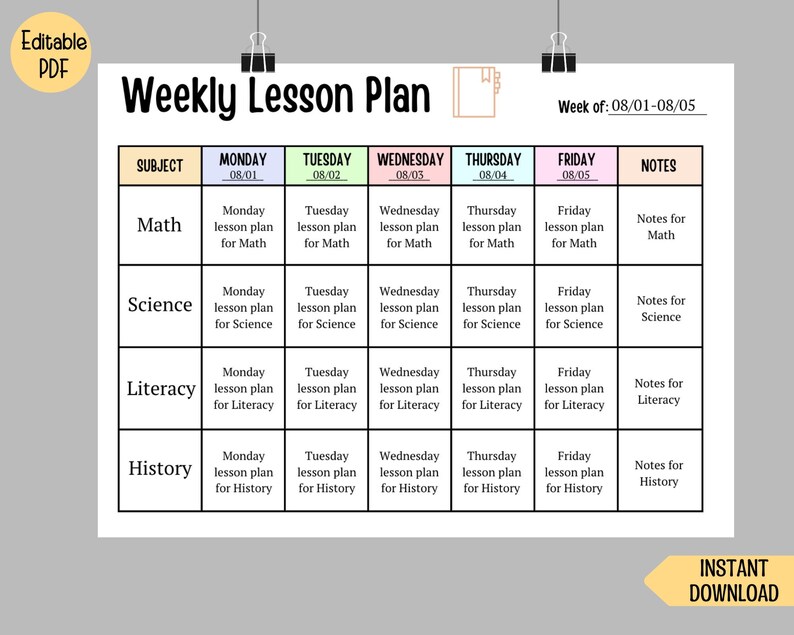 Weekly Lesson Plan Printable Editable Weekly School Schedule - Etsy