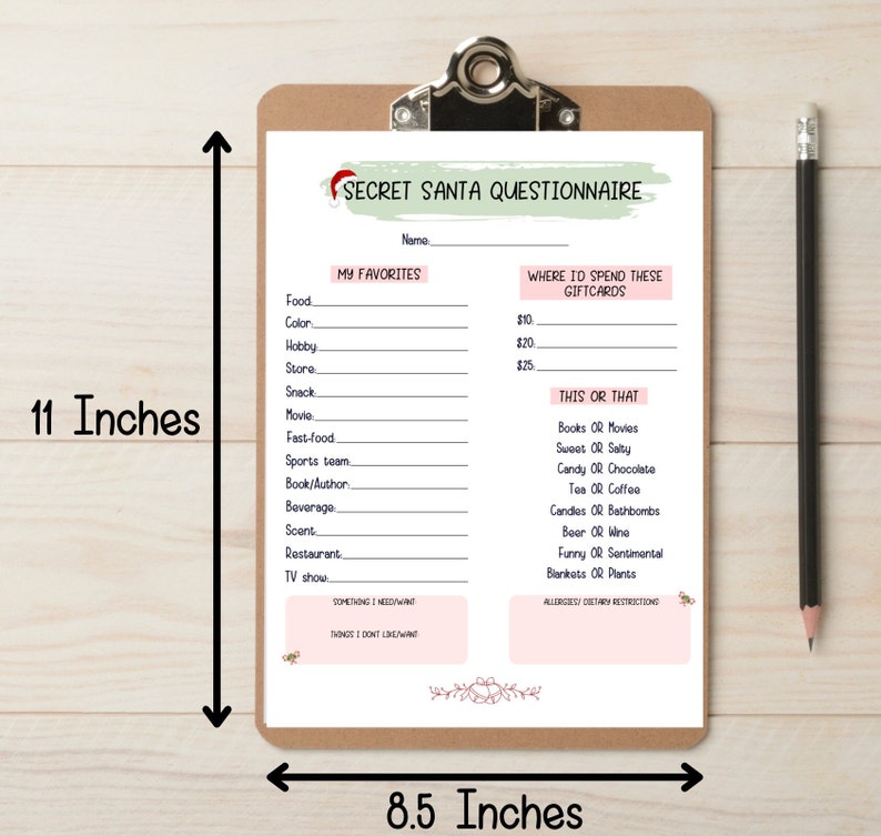Secret Santa Questionnaire Printable Secret Santa Gift - Etsy