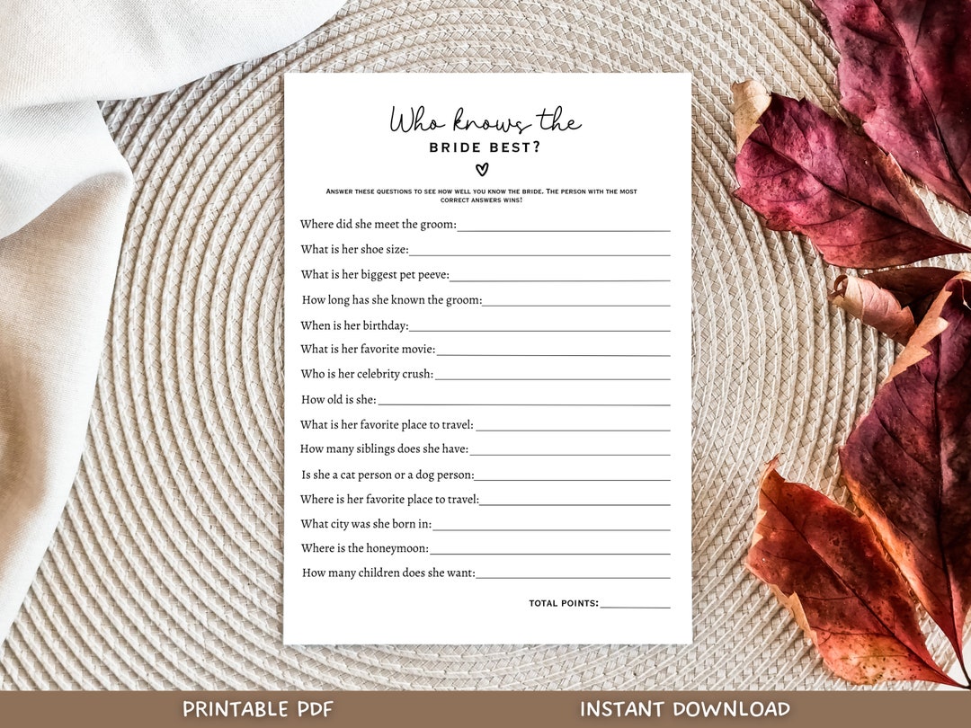 Who Knows the Bride Best Game, Printable Bridal Shower Game, How Well ...