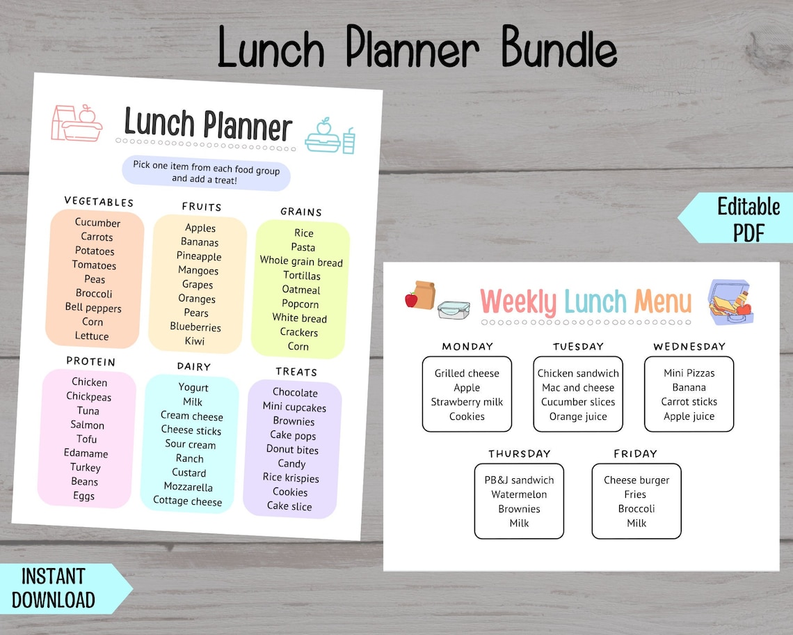 School Lunch Meal Planner Printable Editable Lunch Menu Kids - Etsy