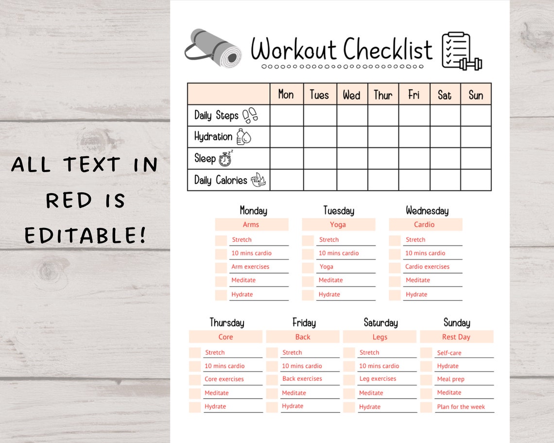 Workout Checklist Editable Daily Workout Routine Chart - Etsy