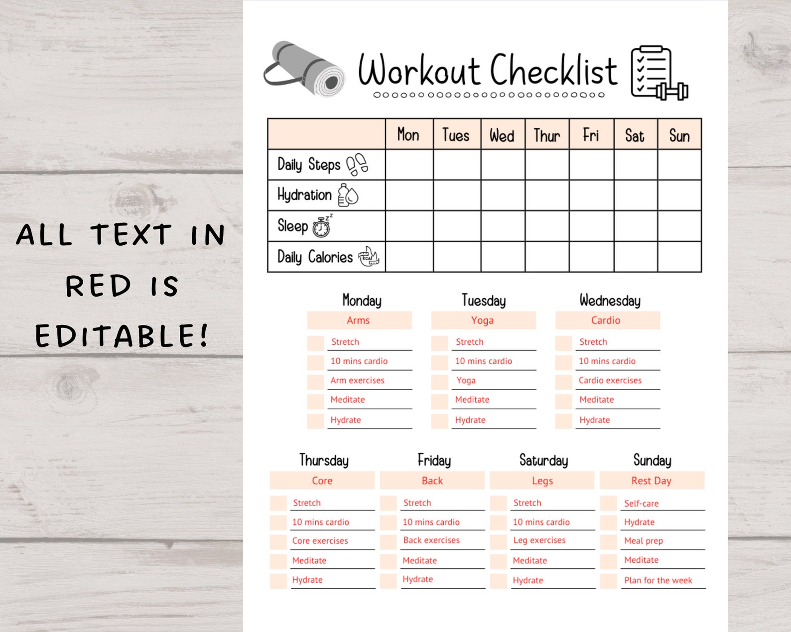 Workout Checklist Editable Daily Workout Routine Chart - Etsy