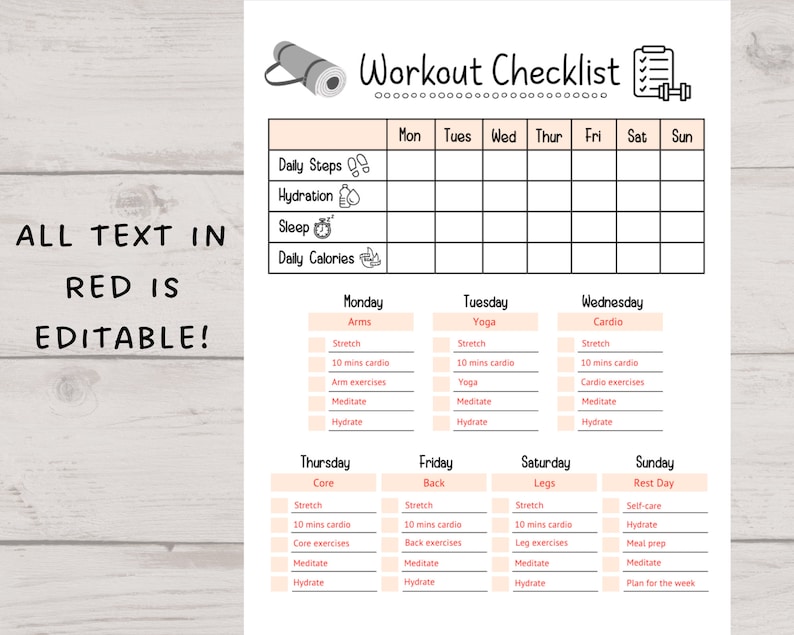 Workout Checklist Editable Daily Workout Routine Chart - Etsy