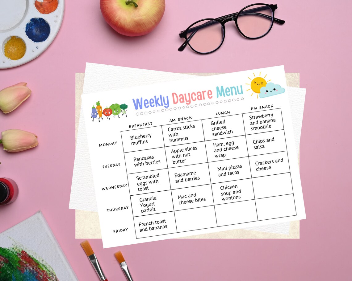 Daycare Weekly Menu Printable Home Daycare Monthly Meal - Etsy