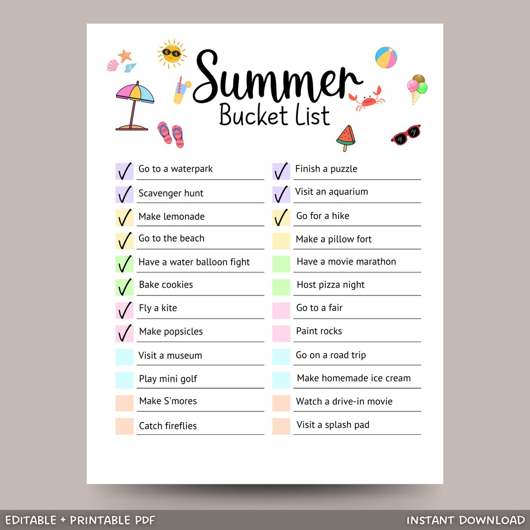 Summer Bucket List Printable, Editable Summer Break Template, Fun ...