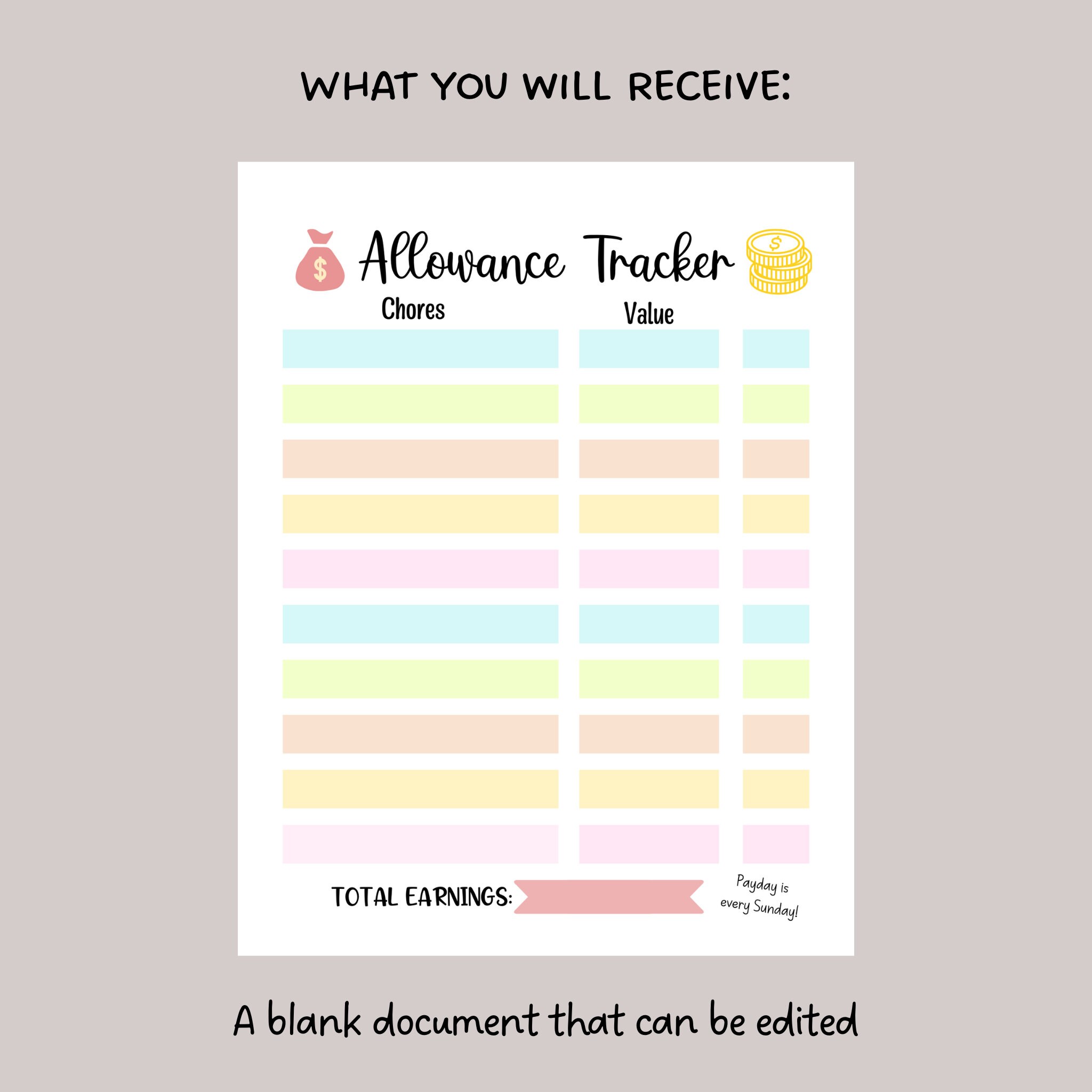 Editable Allowance Chart for Kids | Allowance Tracker | Editable Chore ...