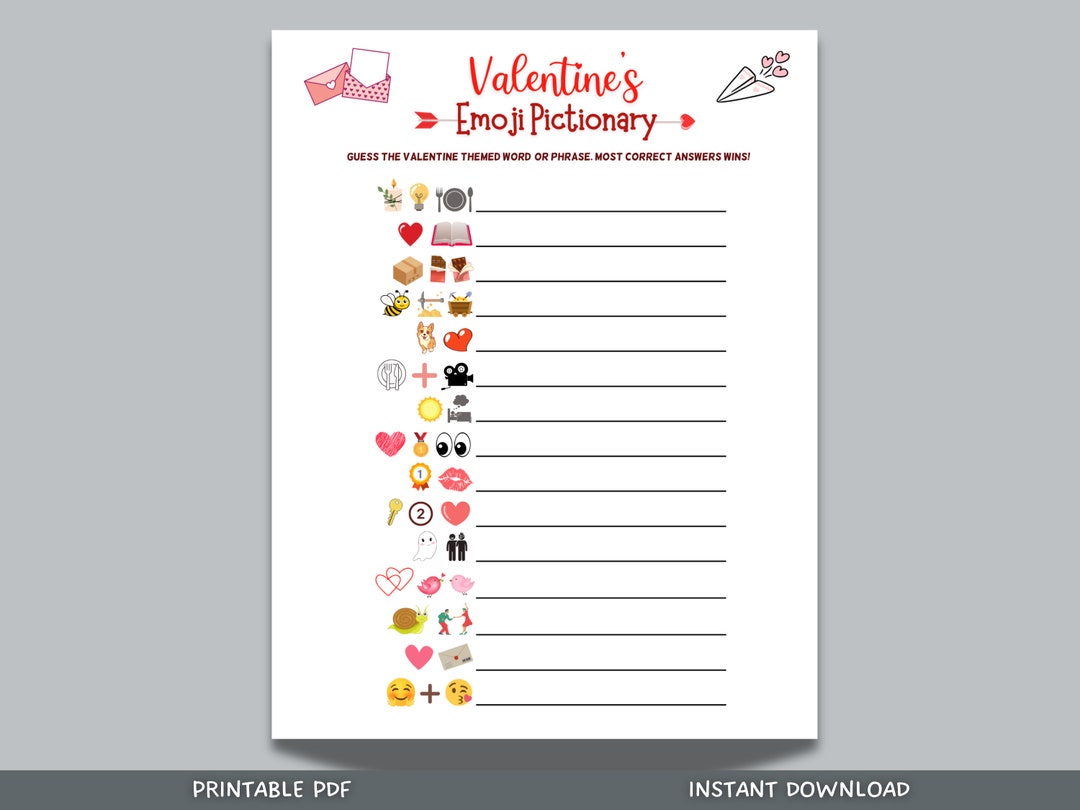 Valentine's Day Emoji Pictionary Game Printable, Fun Emoji Game for ...
