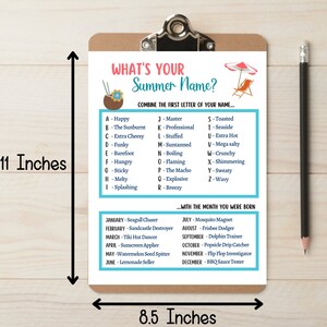 Whats Your Summer Name Game Printable Pool Party Games - Etsy
