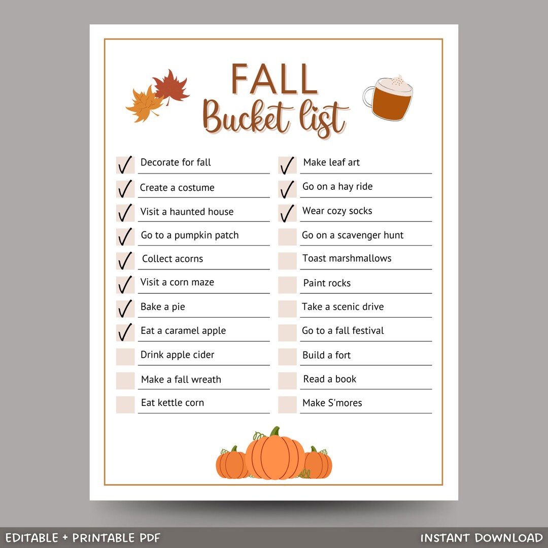 Fall Bucket List Printable, Editable Autumn Bucket List, Fun Autumn ...