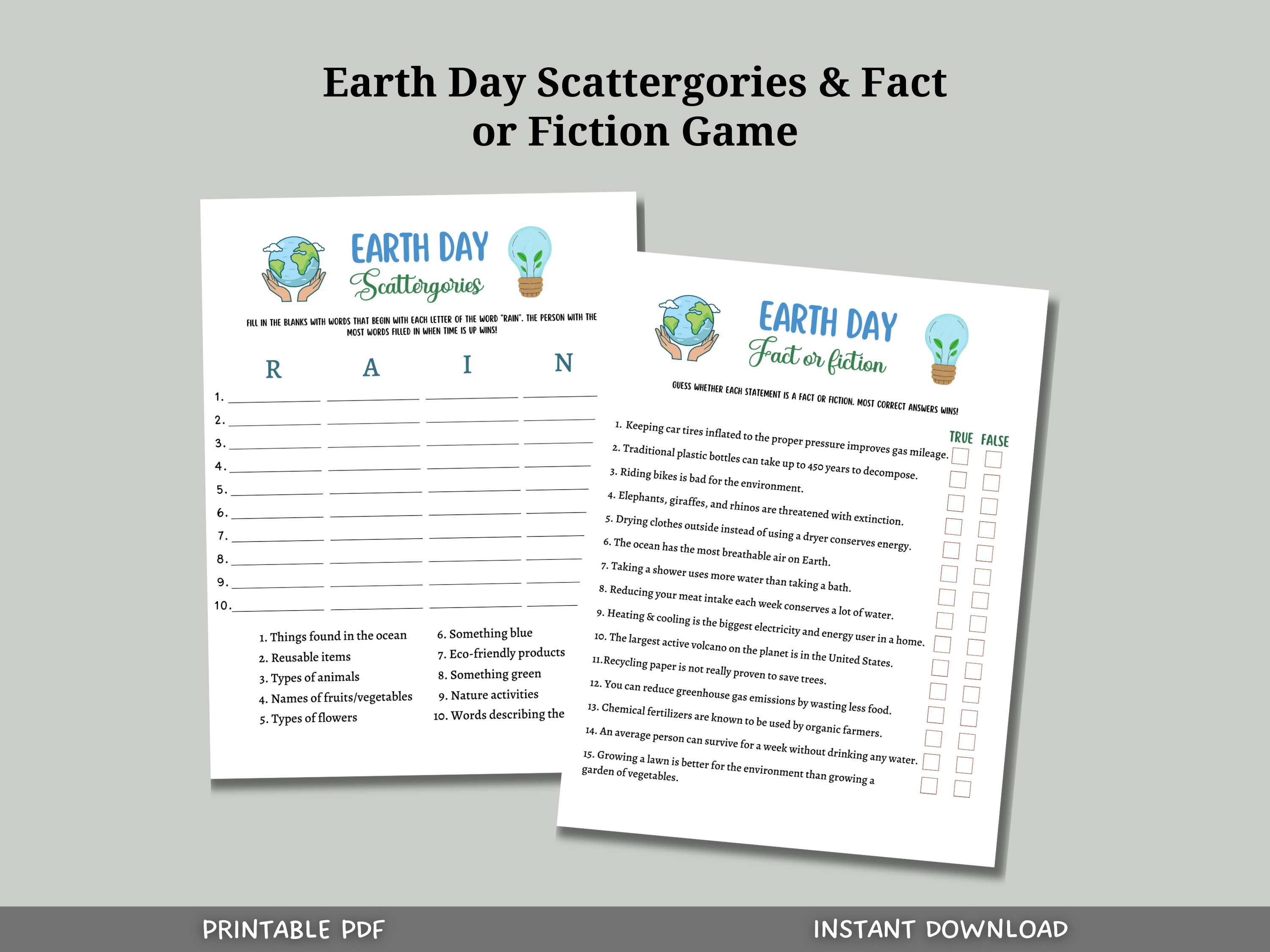 Earth Day Games Printable, Environmental Activity Trivia, Scattergories ...