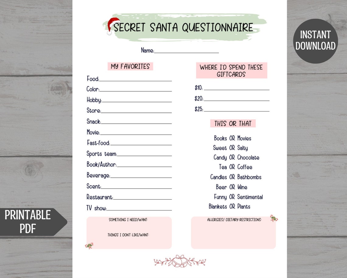 Secret Santa Questionnaire Printable Secret Santa Gift - Etsy