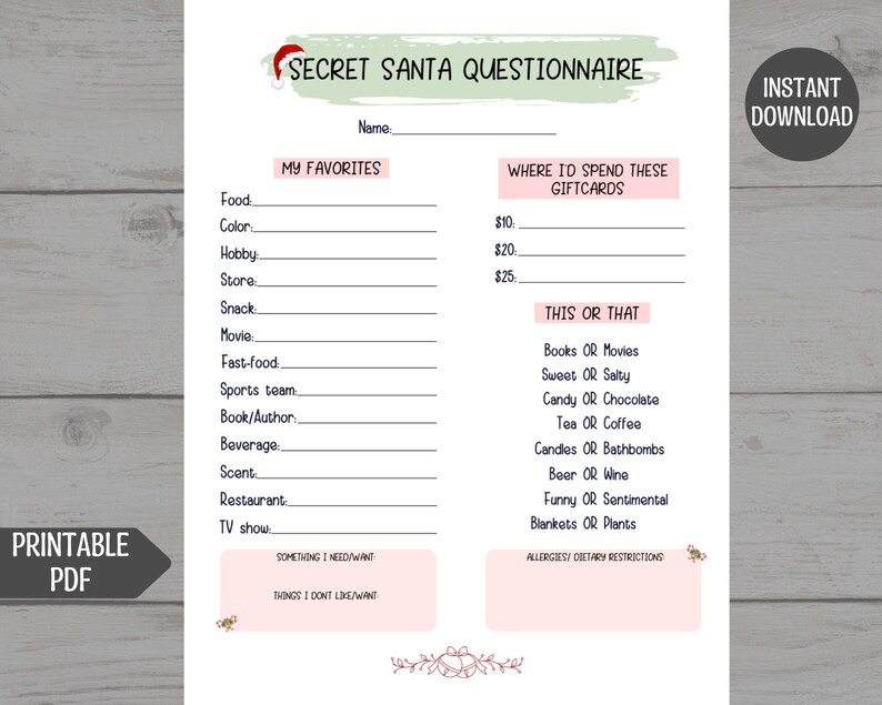 Secret Santa Questionnaire Printable Secret Santa Gift - Etsy