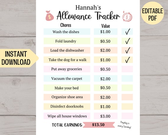 Editable Allowance Chart for Kids Allowance Tracker - Etsy Australia