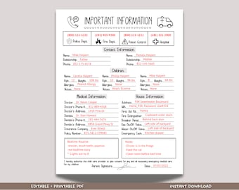 Emergency Contact Info Sheet: Contact Information for Nanny, Babysitter ...