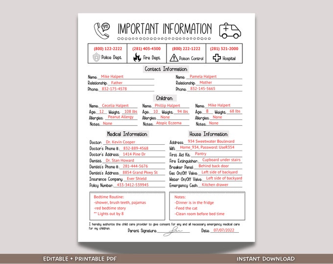 Emergency Contact Info Sheet: Contact Information for Nanny, Babysitter ...