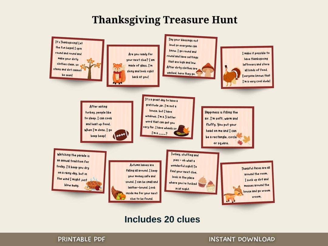 Thanksgiving Scavenger Hunt for Kids, Thanksgiving Treasure Hunt Clues ...
