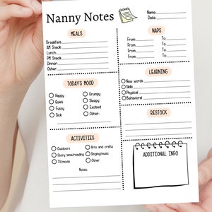 Nanny Notes Printable Nanny Information Sheet Daycare - Etsy