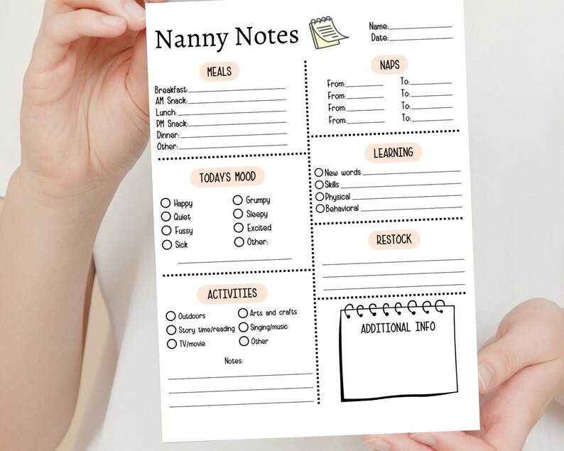 Nanny Notes Printable Nanny Information Sheet Daycare - Etsy