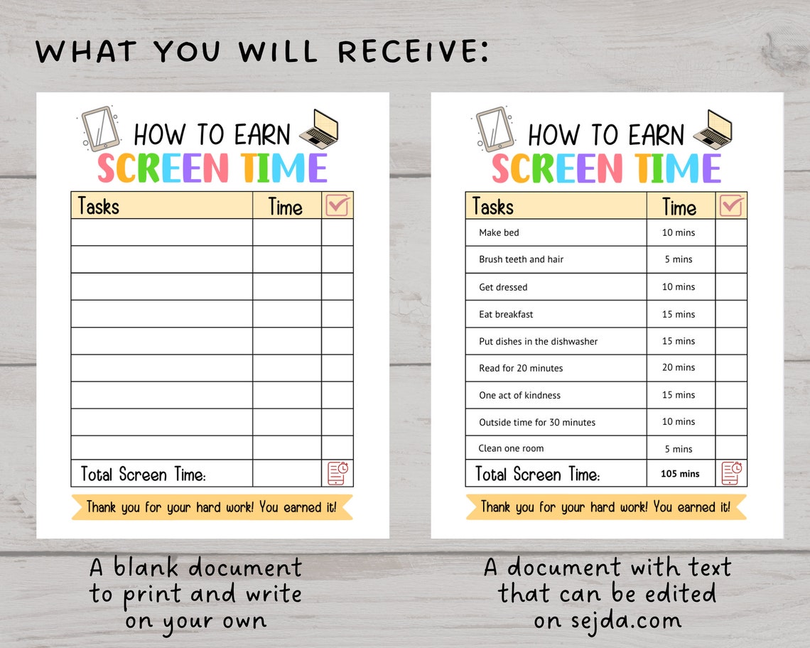 Screen Time Chart Checklist Editable Printable Screen Time - Etsy