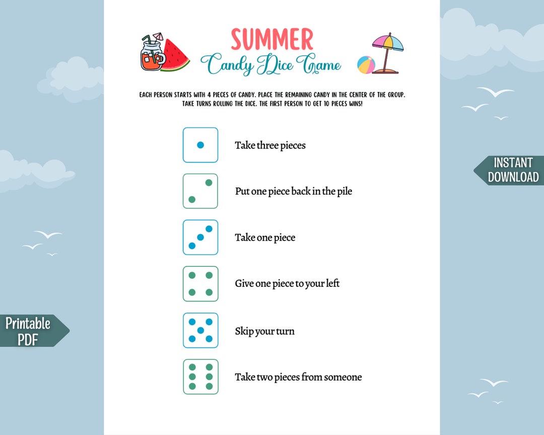 Summer Candy Dice Game Printable Pool Party Games Summer - Etsy