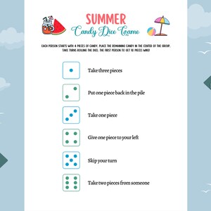 Summer Candy Dice Game Printable Pool Party Games Summer - Etsy