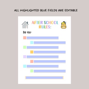 Editable After School Rules, Printable After School Checklist Reminders ...