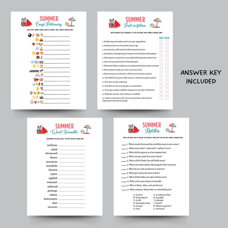 Summer Camp Games Bundle Printable, Summertime Beach Party Games Adult ...