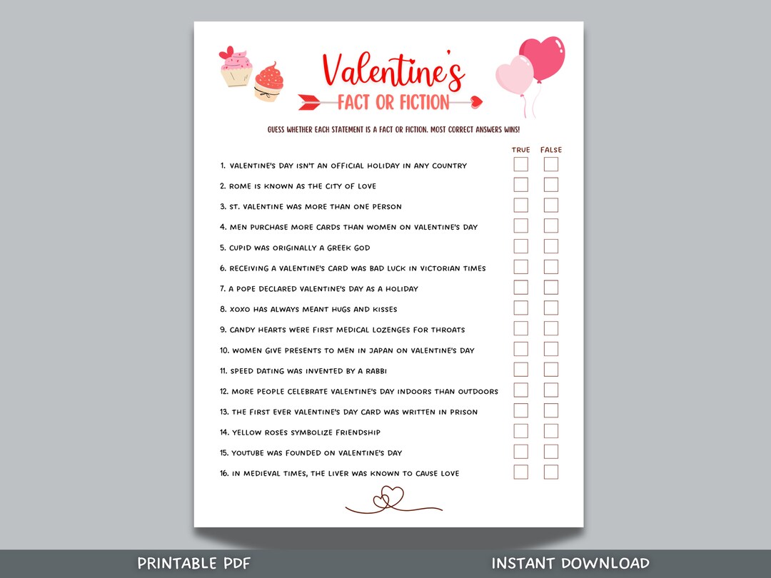Valentine's Day Fact or Fiction Game Printable, Valentines Game True or ...