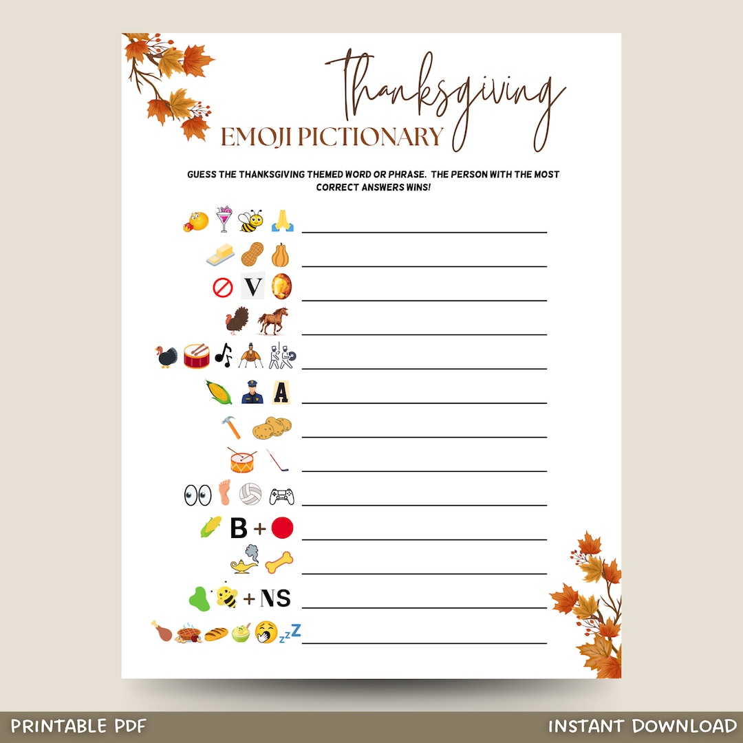 Thanksgiving Emoji Pictionary Game Printable, Friendsgiving Party Game ...