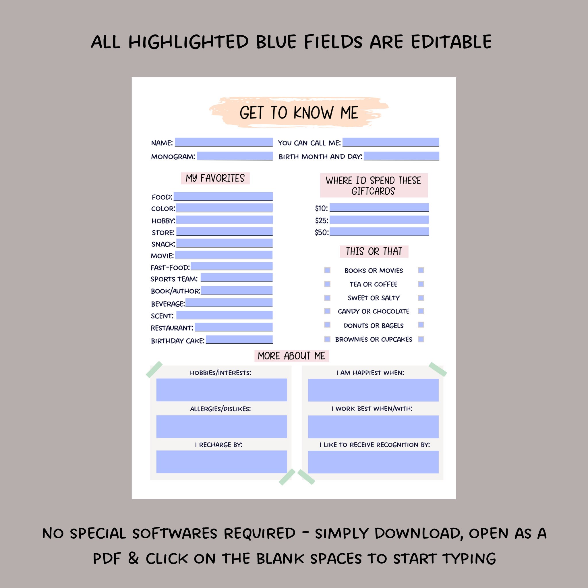 Editable Coworker Questions, Printable All About Me Employee ...