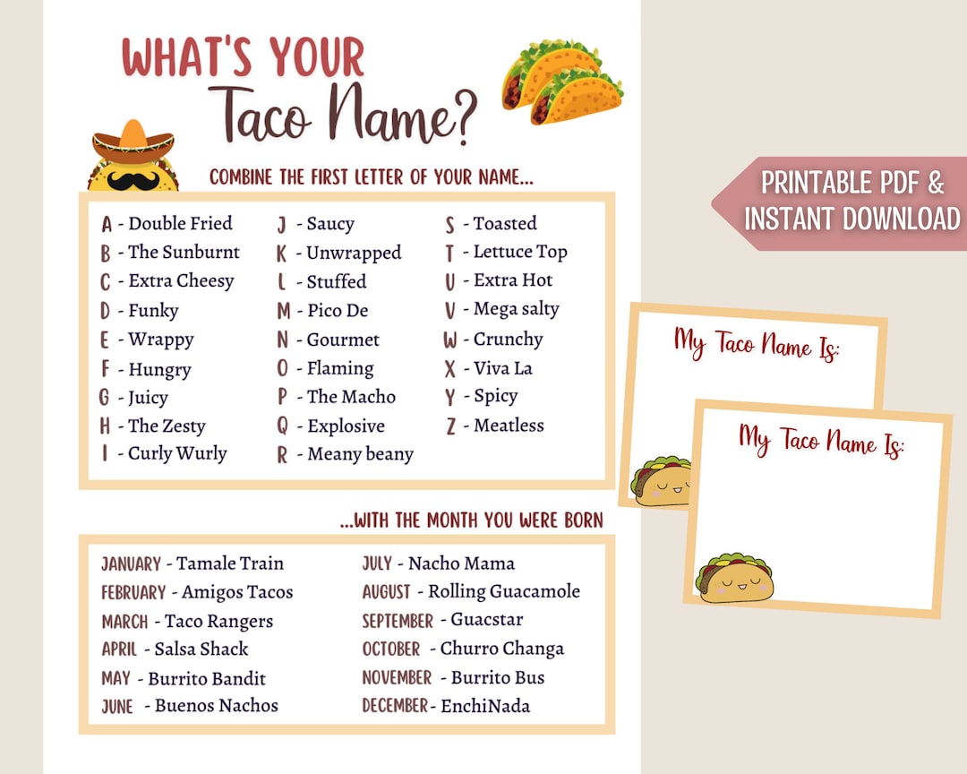 What's Your Taco Name Printable Cinco De Mayo Party Game - Etsy