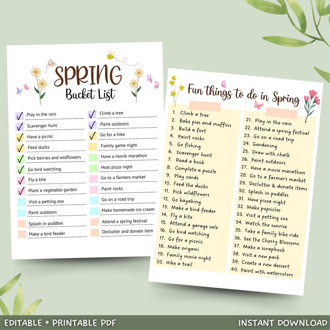 Editable Spring Bucket List, Printable Fun Spring Activities for Kids ...