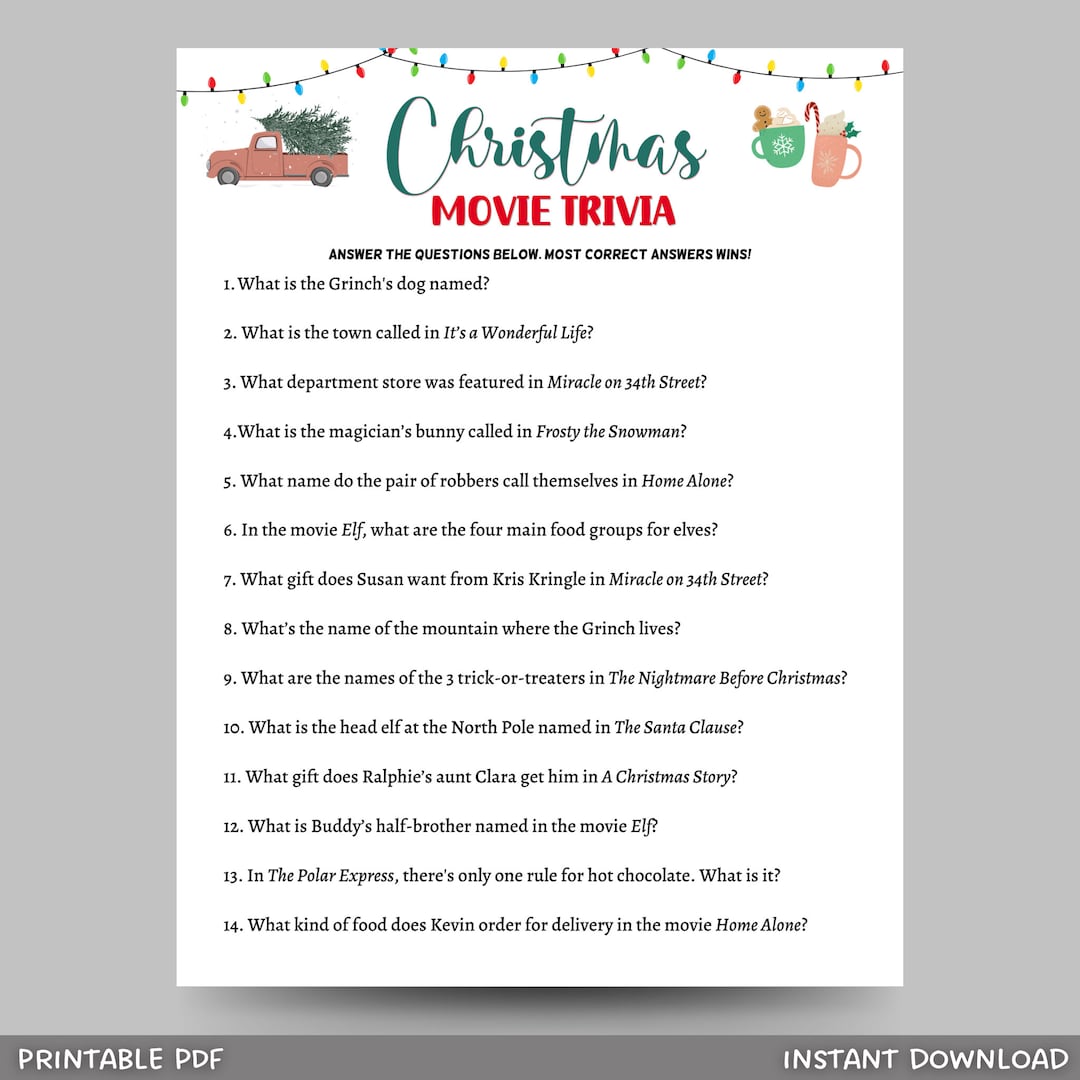 Christmas Movie Trivia Game Printable, Fun Holiday Party Game, Movie ...