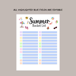 Summer Bucket List Printable, Editable Summer Break Template, Fun ...