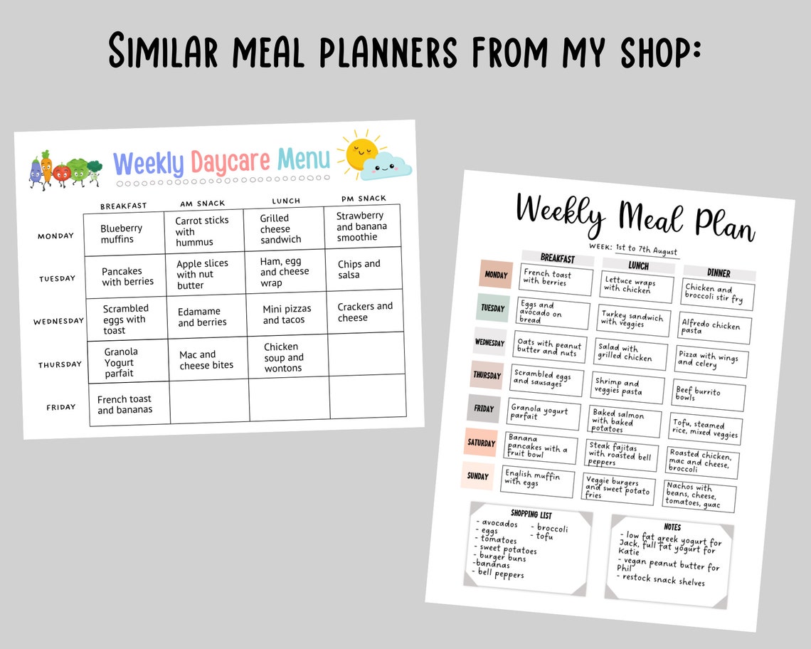 School Lunch Meal Planner Printable Editable Lunch Menu Kids - Etsy UK