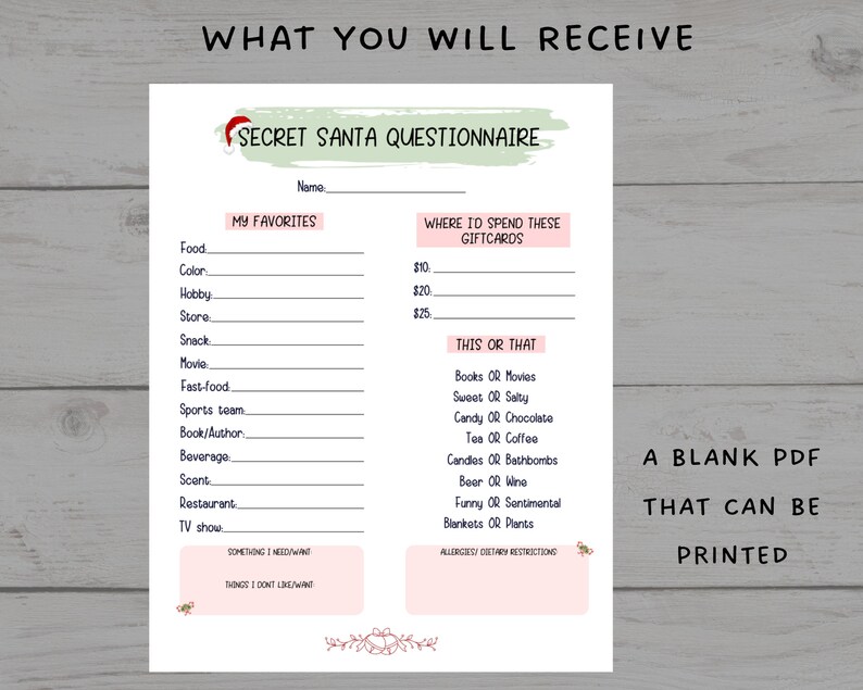 Secret Santa Questionnaire Printable Secret Santa Gift - Etsy
