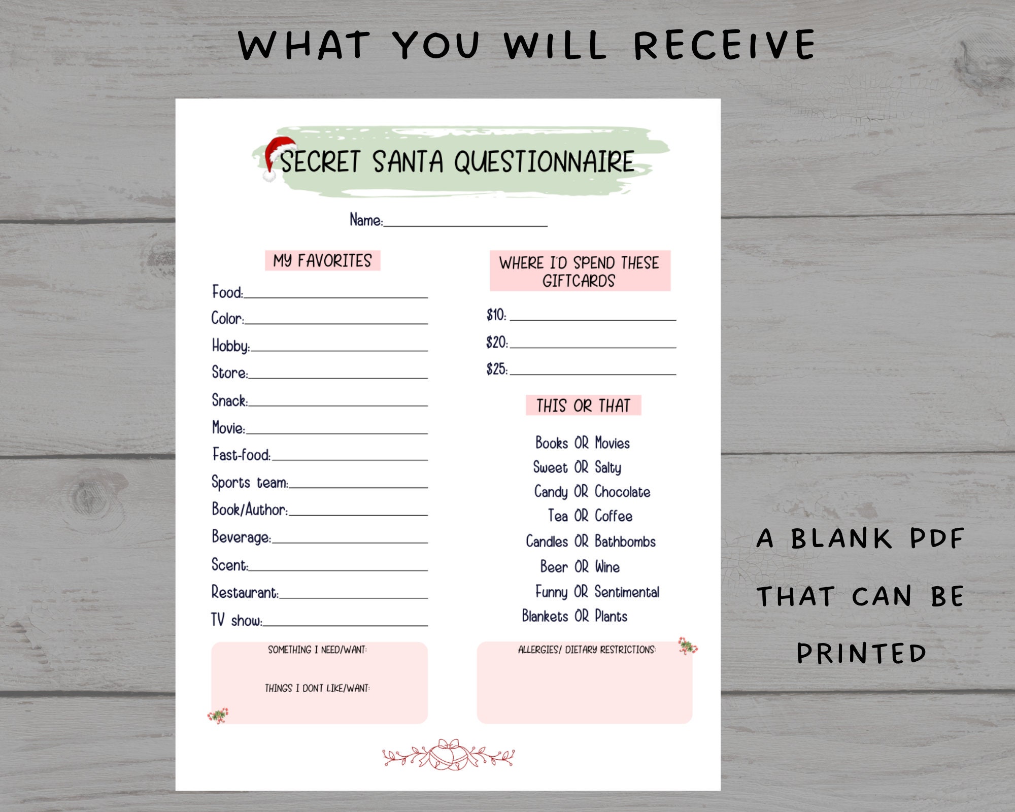 Secret Santa Questionnaire Printable Secret Santa Gift - Etsy